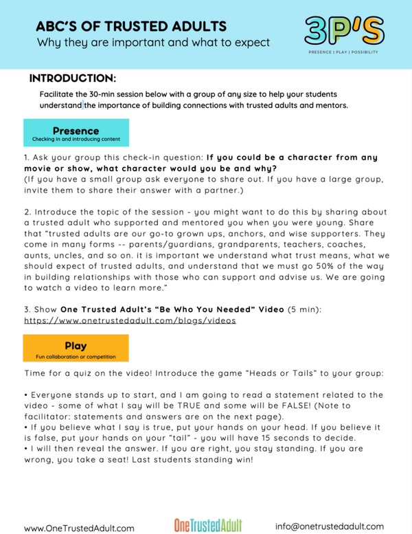 One Trusted Adult: Free Worksheets on Trusted Adults