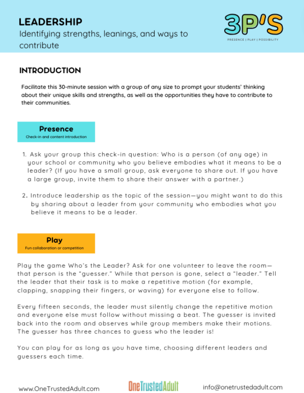 Advisory Plans – One Trusted Adult